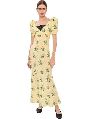 RODARTE Floral Print Silk Crepe Maxi Dress With Lace Trim - Yellow