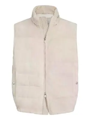 Brunello Cucinelli Suede Down Vest With Packable Hood - Neutrals