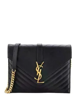 Saint Laurent Monogram Envelope Chain Bag Matelasse Chevron Leather Medium - Black