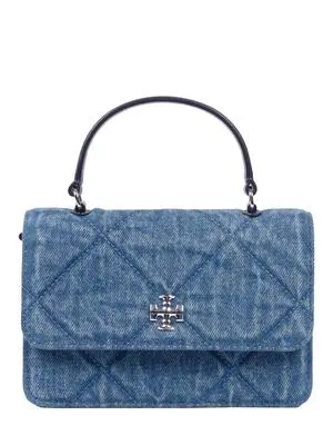 Tory Burch Quilted Denim Mini Bag With Silver Tone Logo - Blue