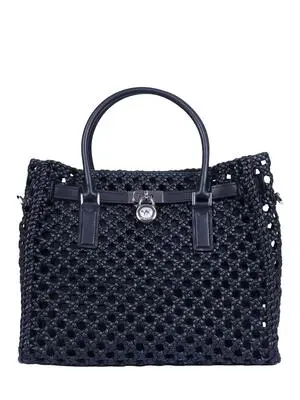 Michael Kors Woven Leather Satchel With Turn Lock Closure - Black