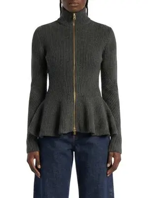 Alaïa Ribbed Peplum Zip-up Sweater - Grey