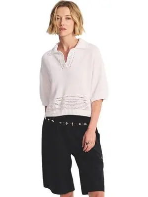 Velvet By Graham & Spencer Winslow Pointelle Cotton Polo Sweater - White