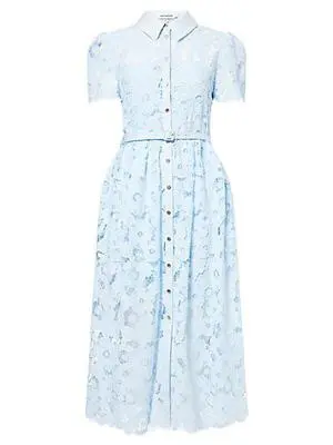 SELF-PORTRAIT Embroidered Belted Woven Midi Dress - Blue