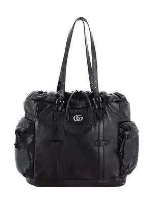 Gucci Tonal Gg Drawstring Leather Tote Bag - Black