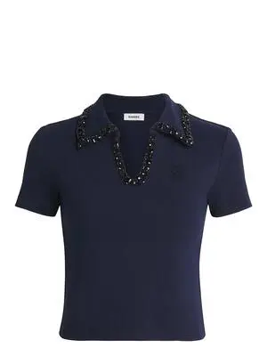 Sandro Embellished Stretch-cotton Polo Top - Blue