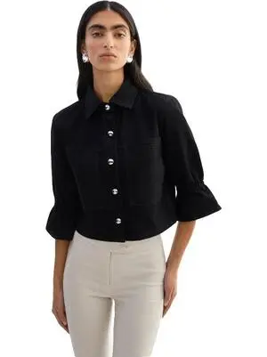LAMARQUE CAROLINA Denim Ruffle Sleeve Jacket Black