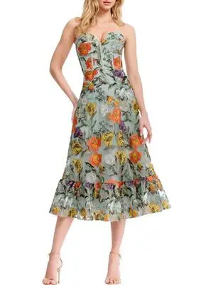 Dress The Population Carina Floral Embroidered Strapless Cocktail Dress Sage Multi
