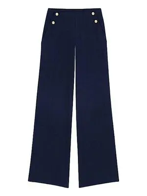 Maje Wide-leg Button-embellished Linen-blend Trousers - Navy