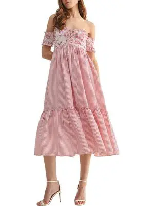 ALL IN FAVOR Striped Smocked Off-the-shoulder Midi Dress - Red Stripe