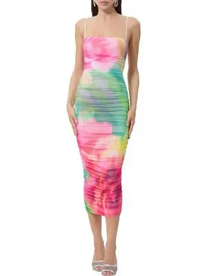 AFRM Hazel Ruched Mesh Midi Dress - Green Rose