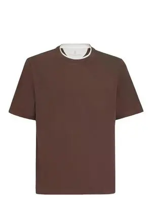 Brunello Cucinelli Cotton Jersey Crew Neck T-shirt With Faux-layering - Brown