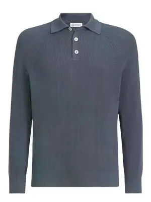 Brunello Cucinelli Cotton English Rib Knit Polo With Long Raglan Sleeves Blue