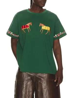 FOUND Embroidered Horse Equine Tee In Green - Washed Forest