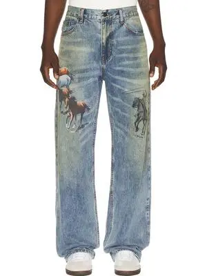 ONE OF THESE DAYS All Over Print Straight Leg Jeans - Indigo