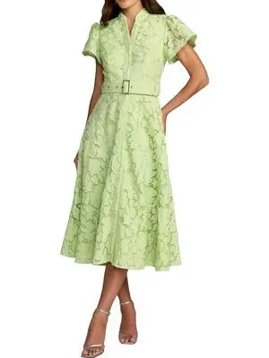 Mac Duggal High Neck Lace Puff Sleeve Belted Midi Dress - Sage