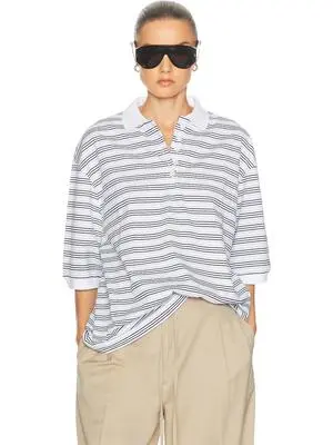 RÓHE Striped Oversized Polo Top - White & Blue Multi Stripe