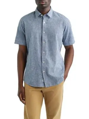 James Campbell Formosa Regular Fit Short Sleeve Cotton & Linen Sport Shirt - Navy