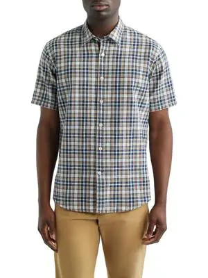 James Campbell Funchal Regular Fit Plaid Short Sleeve Cotton & Linen Sport Shirt - Blue