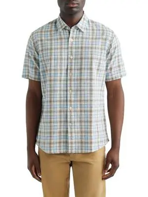 James Campbell Serra Regular Fit Plaid Short Sleeve Cotton & Linen Sport Shirt - Sky