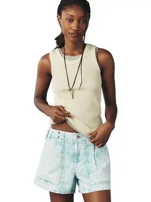 PILCRO 100% Cotton Pleated Trouser Shorts - Green Stripe