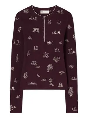 Tory Burch Embroidered Henley Sweater - Evening Plum