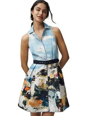 Maeve Collared Fit-and-flare Mini Dress - Blue Pattern