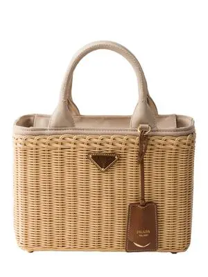 Prada Wicker And Canvas Tote Bag - Tan