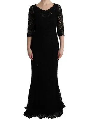 Dolce & Gabbana Floral Ricamo Sheath Long Dress - Black