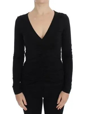 Versace Ruched V-neck Long Sleeve Sweater - Black