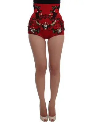 Dolce & Gabbana Silk Crystal Roses Shorts - Red