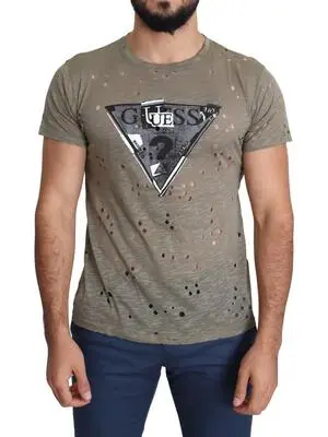 Guess Cotton Stretch Logo Print Casual Perforated T-shirt - Brown
