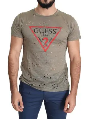 Guess Cotton Stretch Logo Print Casual Perforated T-shirt - Brown