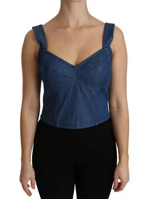 Dolce & Gabbana Sleeveless Bustier Cotton Blend Top - Blue