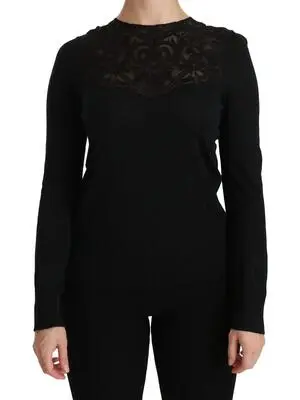 Dolce & Gabbana Silk Blend Lace Crew Neck Long Sleeve Blouse - Black