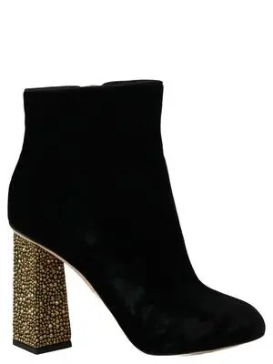 Dolce & Gabbana Velvet Crystal Square Heel Boots - Black