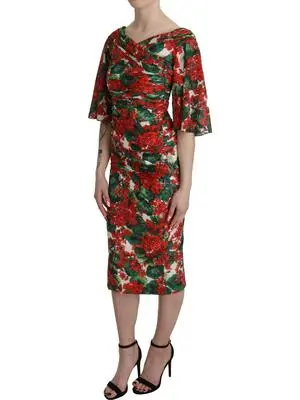 Dolce & Gabbana Floral Print Stretch Silk Sheath Midi Dress - Red