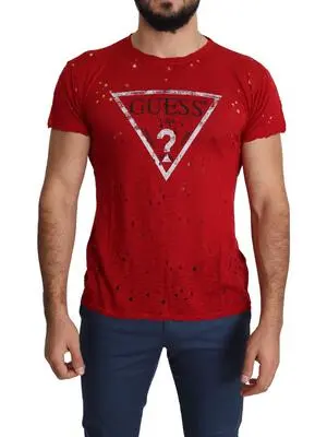 Guess Cotton Logo Print Casual Top Perforated T-shirt - Red