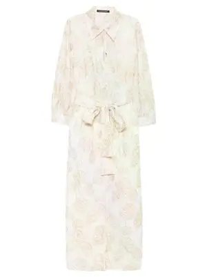 LUISA CERANO Leaf-embroidered Belted Midi Dress - Neutrals
