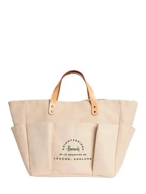 Harrods Jute Tote Bag With Exterior Pockets - Neutral