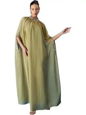 Coast Chiffon Cape Dress With Embellished High Neckline - Chartreuse