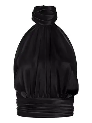 ALEXIA & ANTONIA Draped Halter Silk Blouse - Black