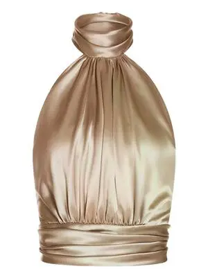 ALEXIA & ANTONIA Draped Halter Silk Blouse - Neutrals