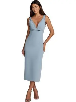 Mac Duggal Crepe Fitted Midi Dress With Bow And Beaded Trim - Blue