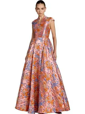 Mac Duggal Brocade Cap-sleeve Ball Gown - Pink Multi