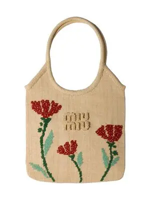 Miu Miu Ivy Raffia Handbag - Tan/red