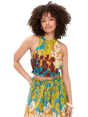 ALEMAIS ALÉMAIS Floral Print Halter Neck Sleeveless Crop Top With Elasticated Hem