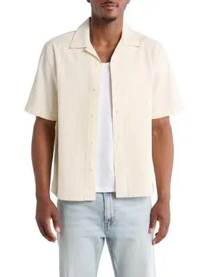 WAX LONDON Didcot Stripe Cotton Seersucker Camp Shirt Ecru/blue