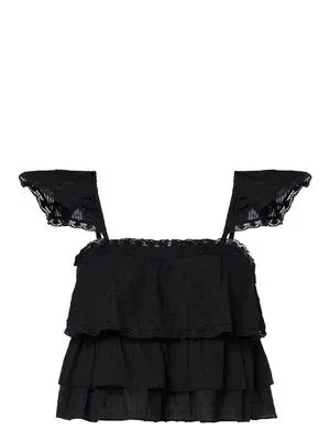 Poupette St Barth Anya Ruffled Cotton Crop Top - Black