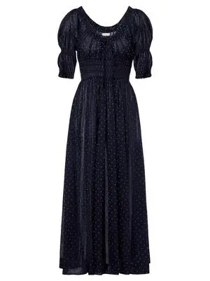 DÔEN Ischia Gathered Polka-dot Cotton Midi Dress - Blue